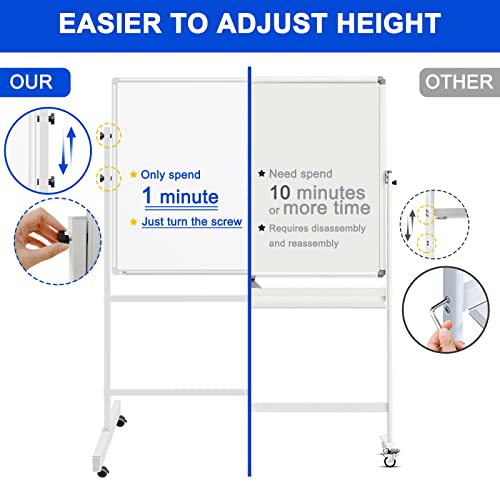 Rolling Magnetic Whiteboard 48" X 36",Mobile Whiteboard with Stand, Double-Sided & Height Adjustable White Board Dry Erase Board with Stand, Portable Standing Whiteboard On Wheels