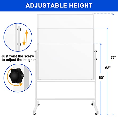 Rolling Magnetic Whiteboard 48" X 36",Mobile Whiteboard with Stand, Double-Sided & Height Adjustable White Board Dry Erase Board with Stand, Portable Standing Whiteboard On Wheels