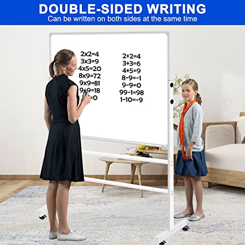 Rolling Magnetic Whiteboard 48" X 36",Mobile Whiteboard with Stand, Double-Sided & Height Adjustable White Board Dry Erase Board with Stand, Portable Standing Whiteboard On Wheels