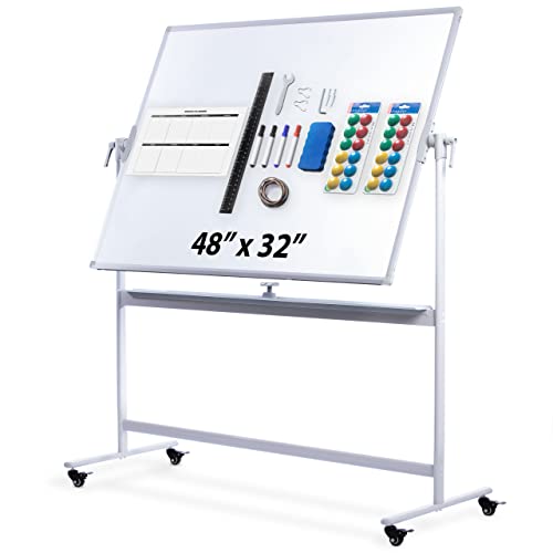 Creative Space White Board Dry Erase 48”x32” Magnetic Whiteboard with Stand Easel-Style Giant Rolling Board on Wheels for Homeschool Large Double Side Portable Teacher Supplies