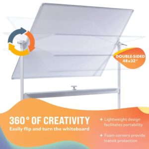 Creative Space White Board Dry Erase 48”x32” Magnetic Whiteboard with Stand Easel-Style Giant Rolling Board on Wheels for Homeschool Large Double Side Portable Teacher Supplies