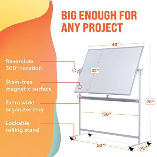 Creative Space White Board Dry Erase 48”x32” Magnetic Whiteboard with Stand Easel-Style Giant Rolling Board on Wheels for Homeschool Large Double Side Portable Teacher Supplies