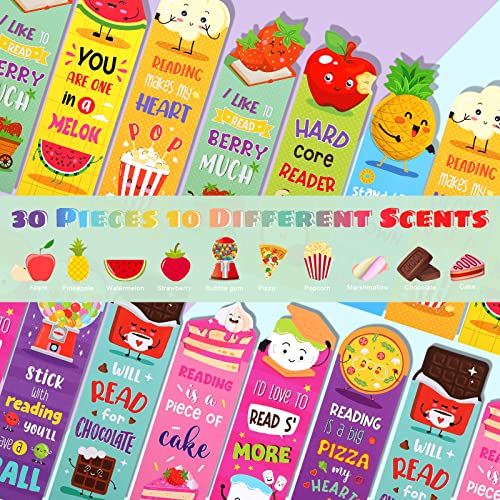 Scented Bookmarks Kids Scratch and Sniff Bookmarks Fruit Food Theme Bookmarks Sayings Bookmarks Assorted Scented Bookmarks Cute Bookmarks for Kids, Students, Teens, Food Lovers, 10 Styles (30 Pieces)