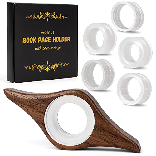 DELONIAL Book Page Holder with 5 Adjustable Rings, Handmade Natural Walnut Thumb Bookmark for Keep Book Open