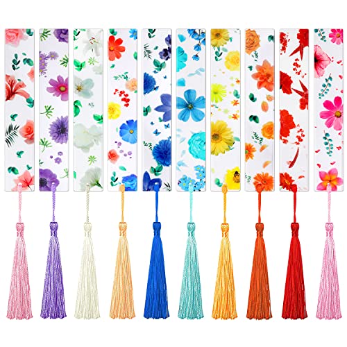 10 Pieces Flower Resin Bookmark Transparent Floral Bookmarks for Women Cute Bookmarks Flower Page Marker with Tassels Graduation Gifts for Women