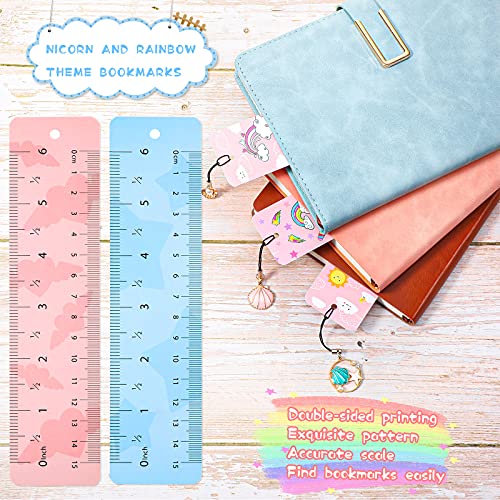 12 Pieces Unicorn and Rainbow Theme Bookmarks with 12 Pieces Metal Charms, Inspirational Quotes Bookmarker Unicorn Page Markers for School Reading Boys Girls Teens and Adults