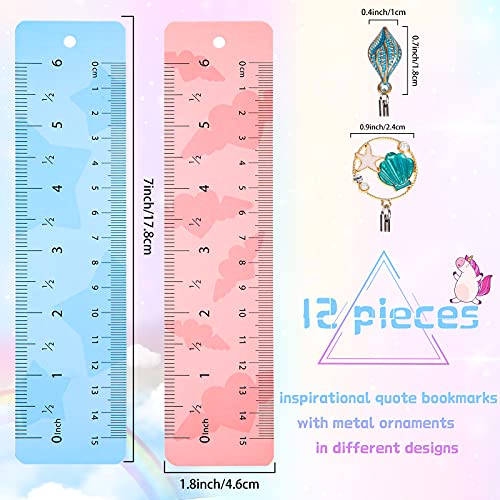 12 Pieces Unicorn and Rainbow Theme Bookmarks with 12 Pieces Metal Charms, Inspirational Quotes Bookmarker Unicorn Page Markers for School Reading Boys Girls Teens and Adults