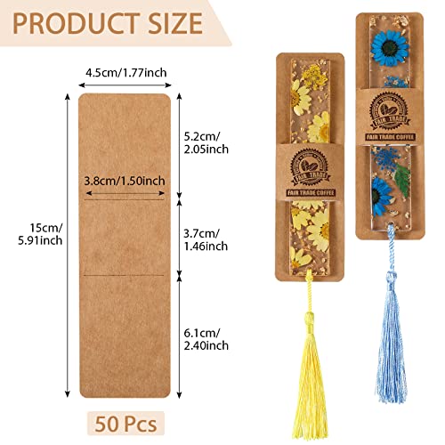 Fumete 50 Pieces Resin Bookmark Holder 5.9 x 1.8 Inches Kraft Bookmark Sleeves DIY Bookmarks Display Cards for Bookmark Wrapping Small Business Packaging Supplies Party Favor Gift (Brown, Cute)