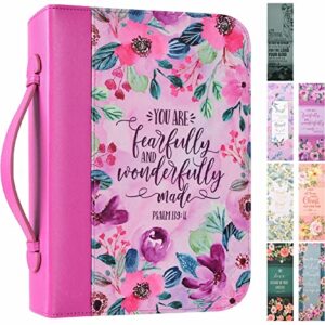 bible cover case for women with 7 paper bookmarks sets floral pu leather bible cover bag with pockets and zipper for standard and large size study bible 10.8″x7.7″x2″ (purple floral)