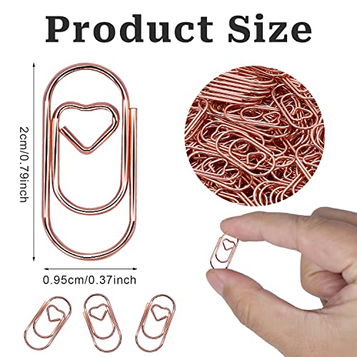 250pcs 0.37x0.79inch Mini Paper Clips, Cute Love Heart Shaped Paper Clips Stainless Steel Metal Small Rose Gold Paper Clips Bookmarks for Office School Home Desk Organizers