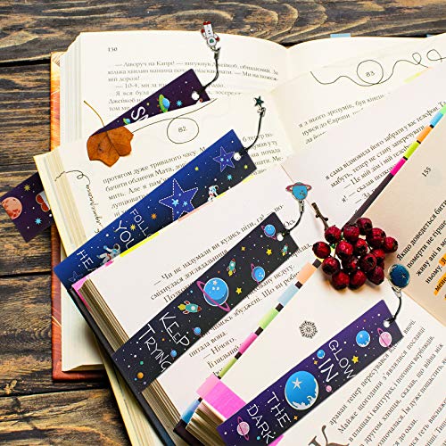 Space Theme Bookmarks with Metal Charms Planet Rocket Space Ship Theme Bookmarks Inspirational Quotes Bookmarks Cards for Space Party Favors Students Kids Adults Encouragement (20 Pieces)