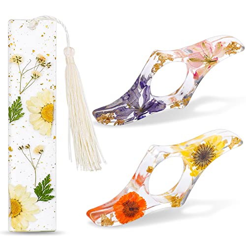 2 Pieces Thumb Book Page Holder Dried Flower Resin Book Page Holder and 1 Pcs Bookmark with Tassel, Bookmark Page Holder Reading Accessories for Teacher Appreciation Gifts