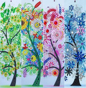 4 pack 5d diamond painting bookmarks beautiful four seasons trees leather tassel bookmark with diamond painting kits for adults and kids,8.3×2.4 inch