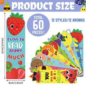 60 Pieces Scratch and Sniff Bookmarks Kids Scented Bookmarks Educational Bookmark Assorted Smelly Bookmarks for Kids Students Reader, 12 Styles, 12 Scents (Fruit Style, Fruit Smell)