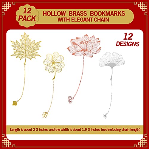 Jummisy 12 Pieces Metal Bookmarks with Chain for Women Metal Leaf Bookmark Unique Bookmarks Plant Bookmark Vintage for Book Lovers Writers Readers Children Teens Adults Gold Silver and Rose Gold