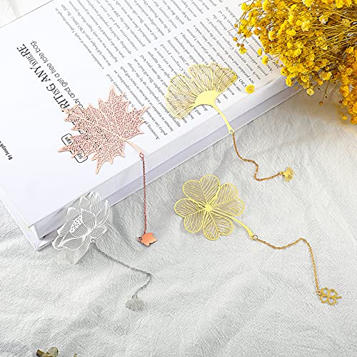 Jummisy 12 Pieces Metal Bookmarks with Chain for Women Metal Leaf Bookmark Unique Bookmarks Plant Bookmark Vintage for Book Lovers Writers Readers Children Teens Adults Gold Silver and Rose Gold