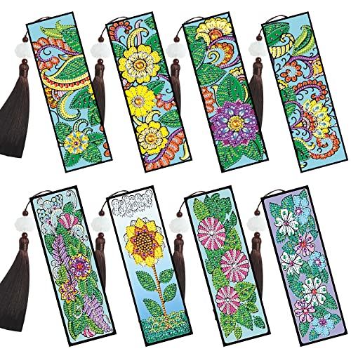 MVVMTOP 8 Pack Diamond Painting Bookmarks Flowers Diamond Art Bookmark Tassel Resin Rhinestone Leather Bookmark Kit for Adults Kids DIY Beginner