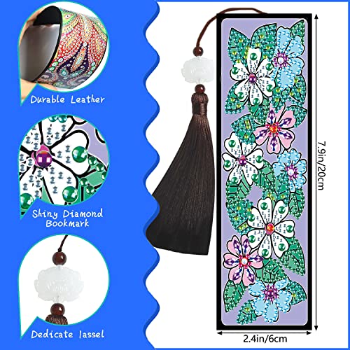 MVVMTOP 8 Pack Diamond Painting Bookmarks Flowers Diamond Art Bookmark Tassel Resin Rhinestone Leather Bookmark Kit for Adults Kids DIY Beginner