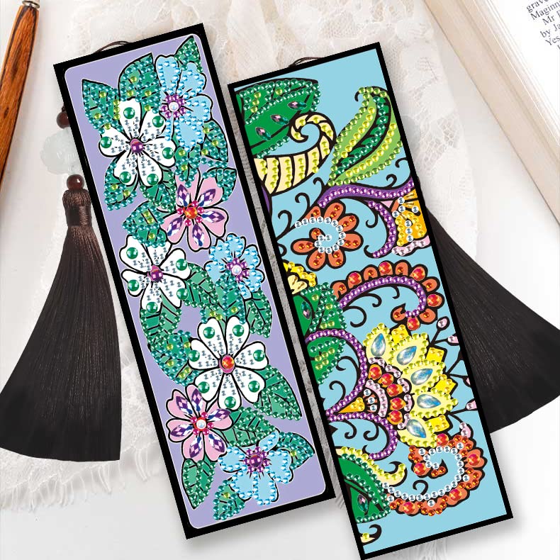 MVVMTOP 8 Pack Diamond Painting Bookmarks Flowers Diamond Art Bookmark Tassel Resin Rhinestone Leather Bookmark Kit for Adults Kids DIY Beginner