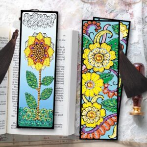 MVVMTOP 8 Pack Diamond Painting Bookmarks Flowers Diamond Art Bookmark Tassel Resin Rhinestone Leather Bookmark Kit for Adults Kids DIY Beginner