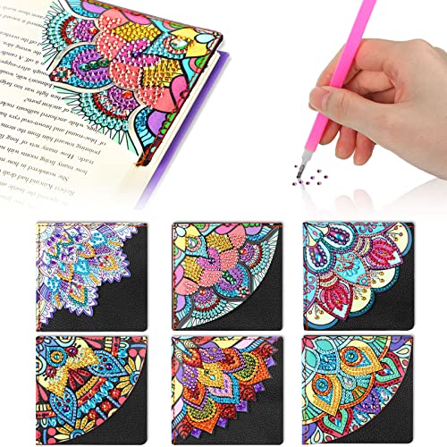 Honoson 6 Pcs Diamond Painting Corner Bookmark 5D DIY Page Book Marks Triangle Book Lovers Gifts for Women Girls Art Craft Reading Lovers Presents (Mandala Flower)