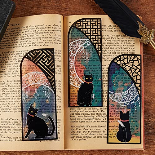 PUDIS Cool Bookmarks, Waterproof, 6 Pieces Bookmarks for Book Lovers, Women, Men, Unique Book Mark for Boys, Girls, Students, Classroom Gifts, School Prize, Reading Present (Cat and Moon)