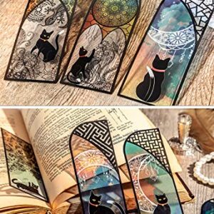 PUDIS Cool Bookmarks, Waterproof, 6 Pieces Bookmarks for Book Lovers, Women, Men, Unique Book Mark for Boys, Girls, Students, Classroom Gifts, School Prize, Reading Present (Cat and Moon)