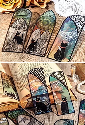 PUDIS Cool Bookmarks, Waterproof, 6 Pieces Bookmarks for Book Lovers, Women, Men, Unique Book Mark for Boys, Girls, Students, Classroom Gifts, School Prize, Reading Present (Cat and Moon)