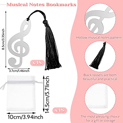 48 Pcs Musical Notes Bookmarks with Elegant Silk Tassel 48 Pcs White Organza Bags Music Metal Bookmarks Music Party Favors Gifts for Wedding Guests Children School Office Supplies