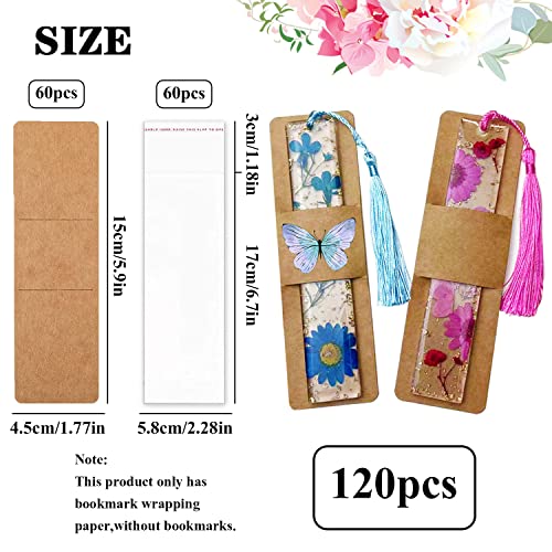 60 Pieces Kraft Bookmark Sleeves, 60 Flat Open Clear Plastic Poly Bags, Resin Bookmark Holder, DIY Bookmarks Blank Display Cards for Pens Bookmark Wrapping Gift Decoration