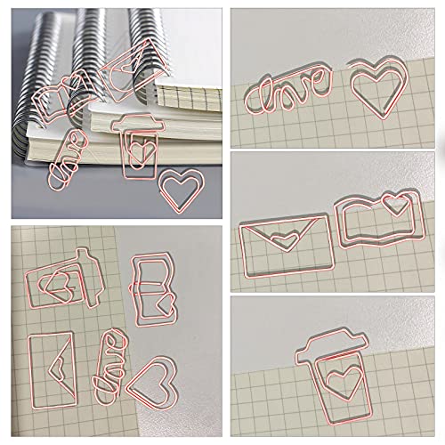 110 Pcs Rose Gold Cute Paper Clips Assorted Sizes and Shapes of Heart, Love, Letter, Book and Coffee Cup Small Bookmark Clips for School Office Home Wedding Women Girls Students Stainless Steel