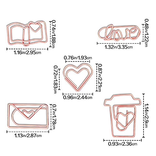 110 Pcs Rose Gold Cute Paper Clips Assorted Sizes and Shapes of Heart, Love, Letter, Book and Coffee Cup Small Bookmark Clips for School Office Home Wedding Women Girls Students Stainless Steel