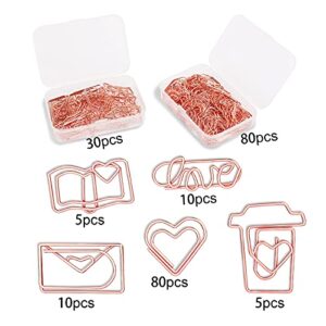 110 Pcs Rose Gold Cute Paper Clips Assorted Sizes and Shapes of Heart, Love, Letter, Book and Coffee Cup Small Bookmark Clips for School Office Home Wedding Women Girls Students Stainless Steel