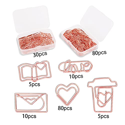 110 Pcs Rose Gold Cute Paper Clips Assorted Sizes and Shapes of Heart, Love, Letter, Book and Coffee Cup Small Bookmark Clips for School Office Home Wedding Women Girls Students Stainless Steel