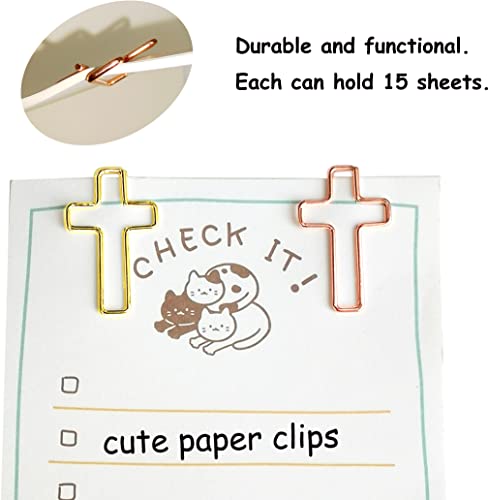 100 PCS Cute Paper Clips Gold and Rose Gold Colors, Cross Shaped Paper Clips Bookmarks Bible Study Supplies, Christian Journaling Supplies for Women Men Christian