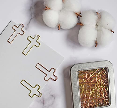 100 PCS Cute Paper Clips Gold and Rose Gold Colors, Cross Shaped Paper Clips Bookmarks Bible Study Supplies, Christian Journaling Supplies for Women Men Christian