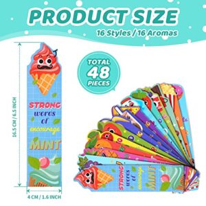 48 Pieces Kids Scented Bookmarks Scratch and Sniff Bookmarks Fruit Food Theme Bookmarks Assorted Smelly Bookmarks Cute Bookmarks for Students, Teens, Food Lovers, 16 Styles