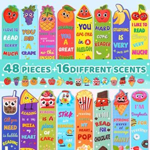 48 Pieces Kids Scented Bookmarks Scratch and Sniff Bookmarks Fruit Food Theme Bookmarks Assorted Smelly Bookmarks Cute Bookmarks for Students, Teens, Food Lovers, 16 Styles