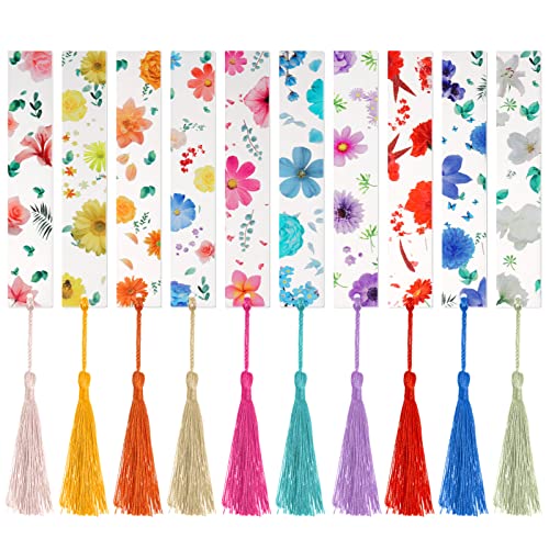 BOWINR 10 Pieces Flower Acrylic Bookmarks Transparent Resin Floral Bookmarks with Colorful Tassels for Women Teachers Kids Students Book Lovers, 10 Styles