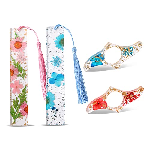 RMSK Book Page Holder for Reading - 2 Pcs Dried Flower Resin Thumb Book Page Holder and 2 Pcs Bookmark with Tassel - Useful Book Accessories for Reading Lovers, Teachers, and Students