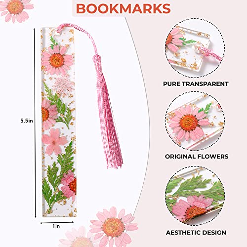 RMSK Book Page Holder for Reading - 2 Pcs Dried Flower Resin Thumb Book Page Holder and 2 Pcs Bookmark with Tassel - Useful Book Accessories for Reading Lovers, Teachers, and Students