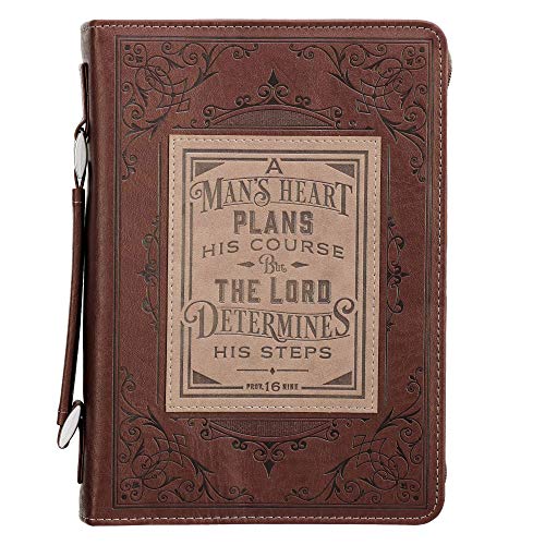 Christian Art Gifts Men's Classic Bible Cover A Man’s Heart Proverbs 16:9, Brown/Tan Faux Leather, Medium