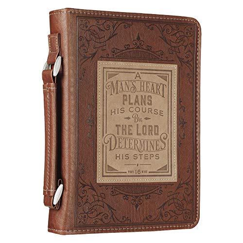 Christian Art Gifts Men's Classic Bible Cover A Man’s Heart Proverbs 16:9, Brown/Tan Faux Leather, Medium