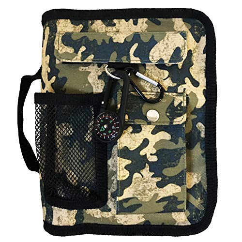 Green Camo Medium Book and Bible Cover for Men with Compass Carabiner Camouflage Book Supplement for Women Case