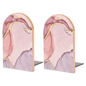 2 pcs wood book ends,pink glitter rose gold marble bookends for shelves non-skid book stand for home office school sturdy book holders for heavy books 7×5 inch