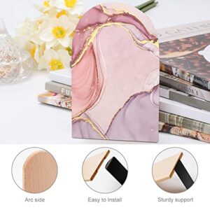 2 PCS Wood Book Ends,Pink Glitter Rose Gold Marble Bookends for Shelves Non-Skid Book Stand for Home Office School Sturdy Book Holders for Heavy Books 7x5 inch