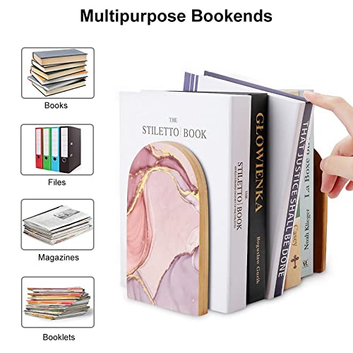 2 PCS Wood Book Ends,Pink Glitter Rose Gold Marble Bookends for Shelves Non-Skid Book Stand for Home Office School Sturdy Book Holders for Heavy Books 7x5 inch