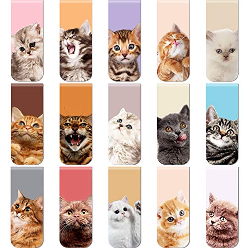 30 Pieces Cats Magnetic Bookmarks Cute Cats Magnetic Page Markers Pets Magnetic Page Clips Bookmark for Students Teachers School Home Office Reading Stationery, 15 Designs