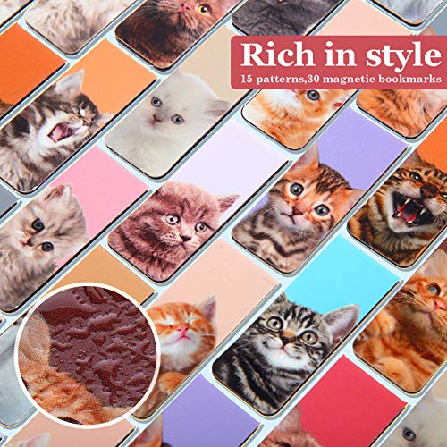 30 Pieces Cats Magnetic Bookmarks Cute Cats Magnetic Page Markers Pets Magnetic Page Clips Bookmark for Students Teachers School Home Office Reading Stationery, 15 Designs