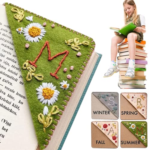 Personalized Hand Embroidered Corner Bookmark, 26 Letters Cute Flower Embroidered Corner Bookmark Embroidery Book Marker Clip for Book Lovers Bookmarks for Reading Lovers Meaningful Gift (Summer, M)